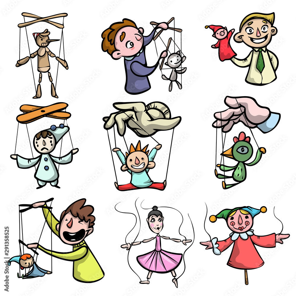 Set of puppets, marionettes and puppet masters. Raster illustration in ...