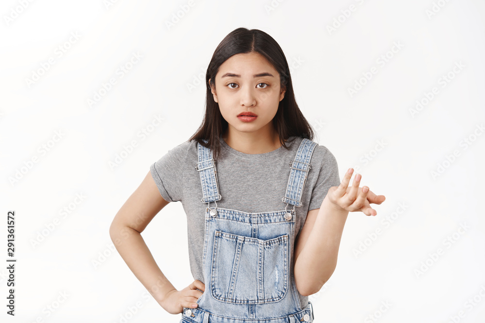 So what not care. Reluctant brunette asian girlfriend shrugging raise ...