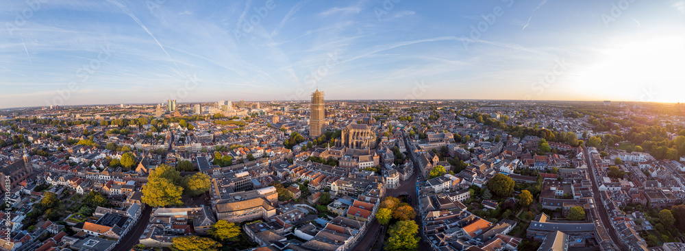 Wide panoramic aerial view of the medieval Dutch city centre of Utrecht ...