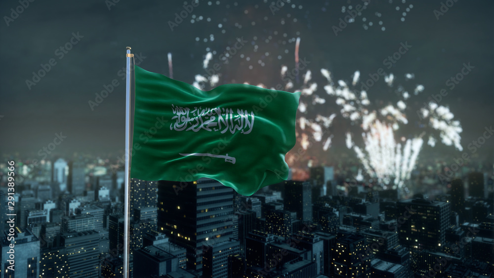 Saudi Arabia Flag With Modern City Night Shot And Fireworks 3D ...