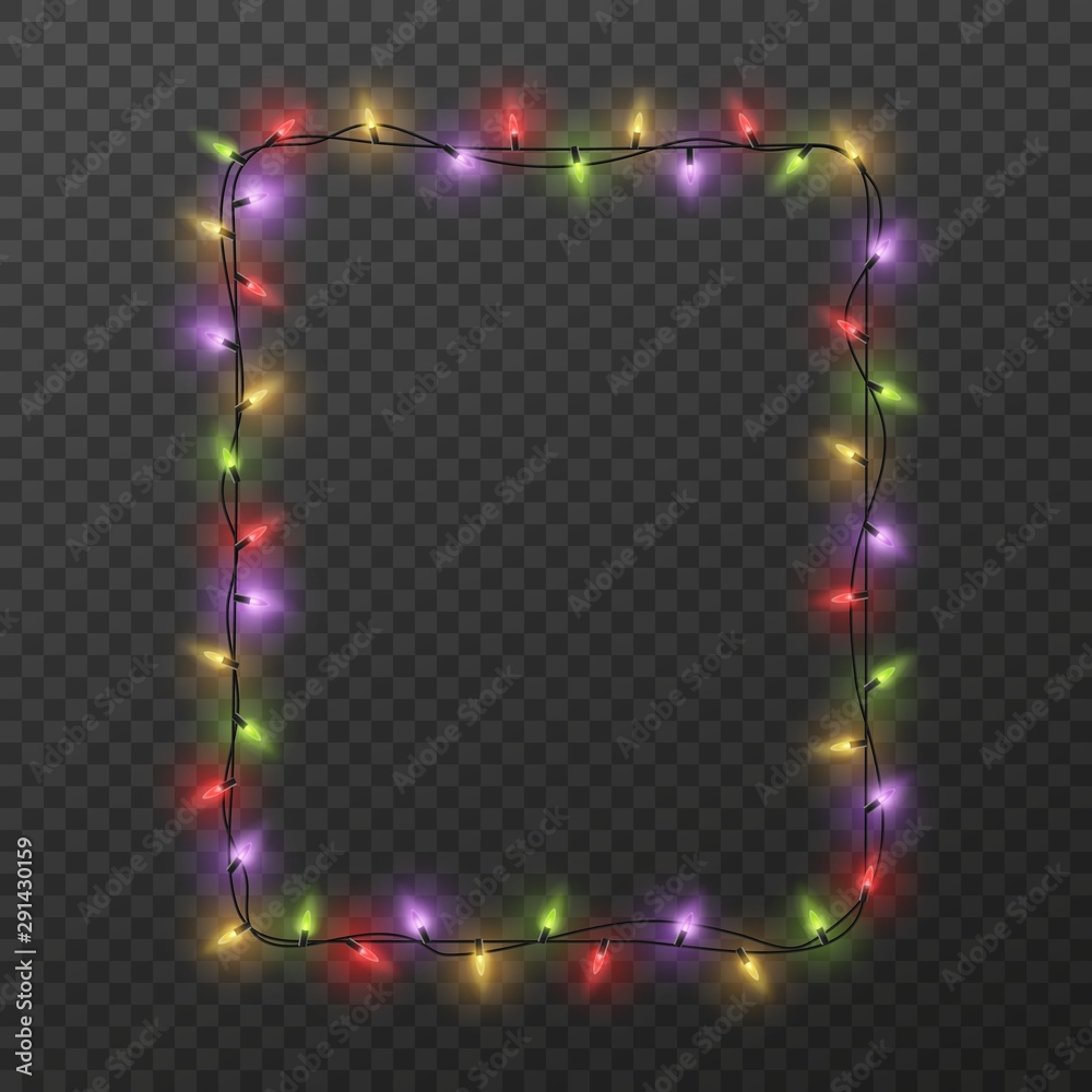 Frame with light garland. Christmas square border with color glowing ...