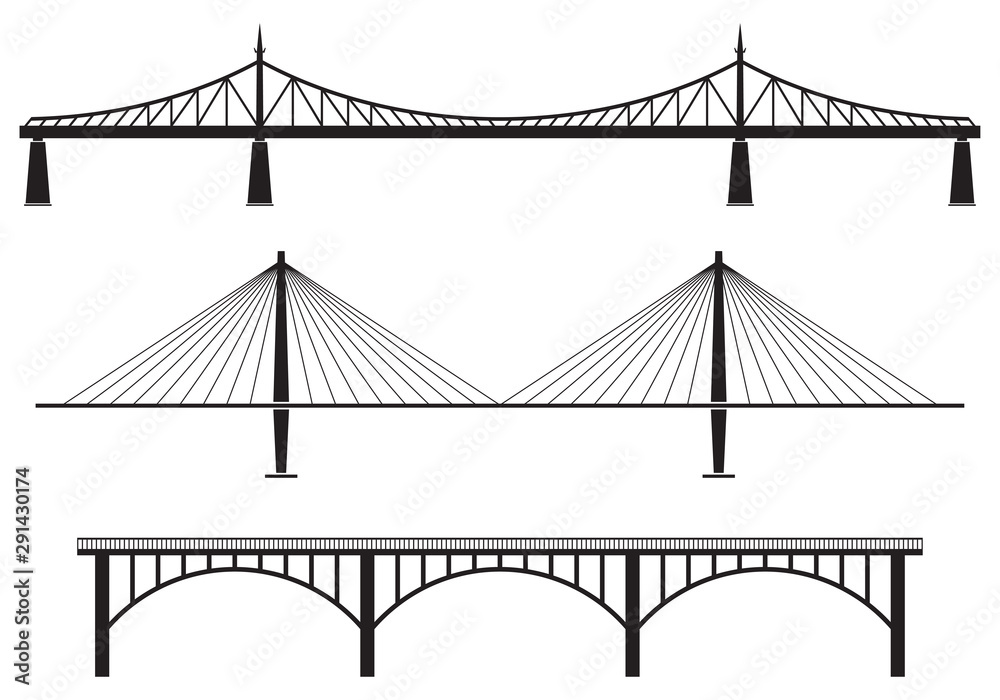 Bridge icon set. Different bridges silhouettes. Vector illustration ...