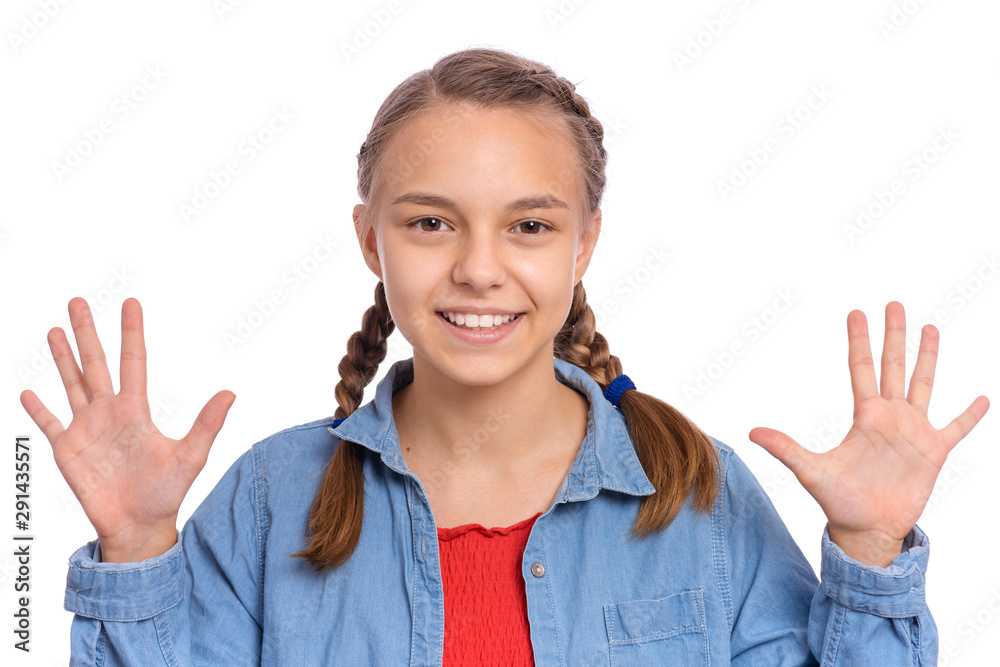 Portrait of happy teen girl showing two palms - 10 fingers, isolated on ...