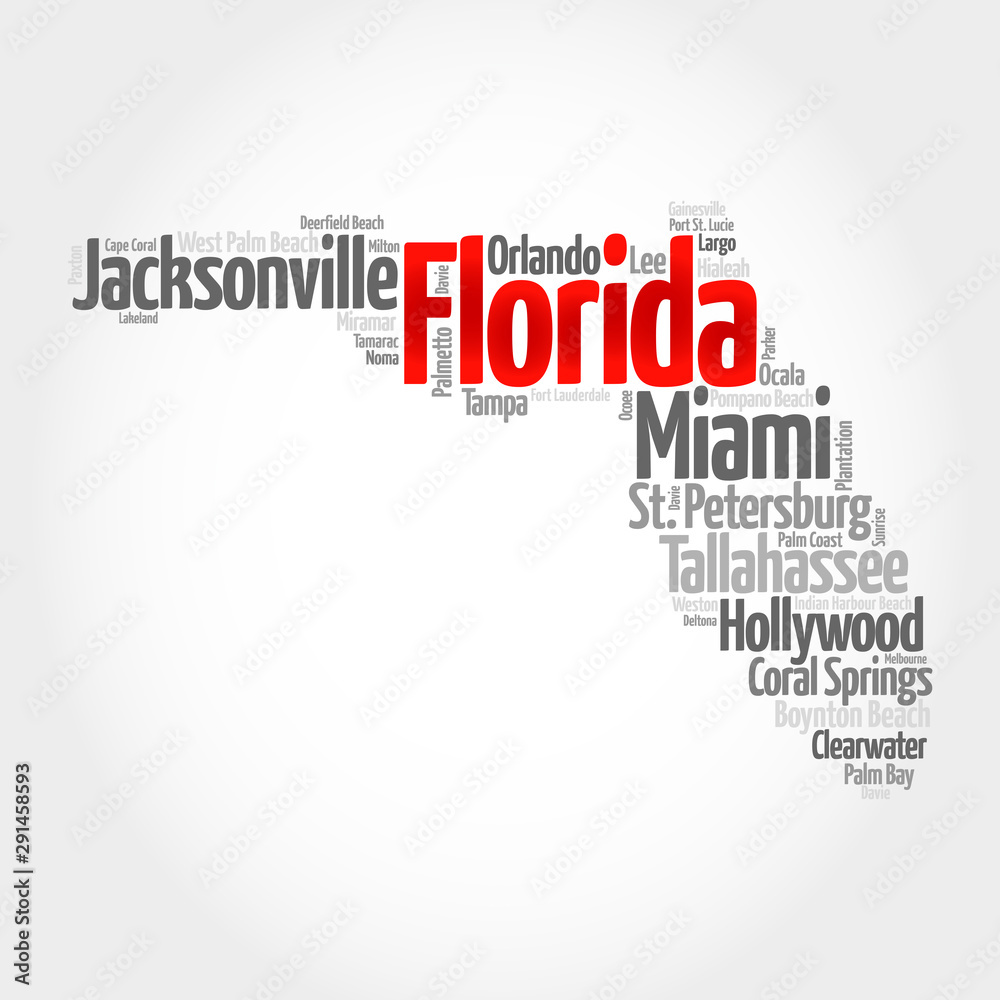 List of cities in Florida USA state, map silhouette word cloud map ...