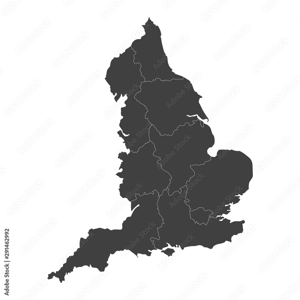England map with selected regions in black color on a white background ...