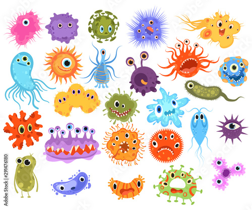 Set of microbes. Collection of cartoon viruses. Vector illustration of ...