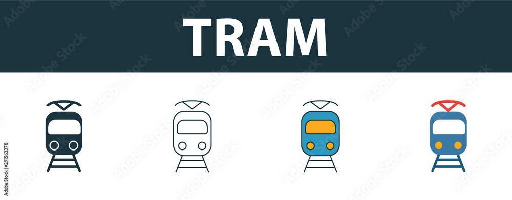 Tram icon set. Four simple symbols in diferent styles from transport ...