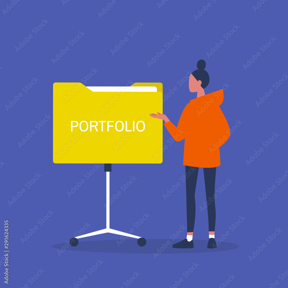 Portfolio review. Young female character presenting her experience at ...
