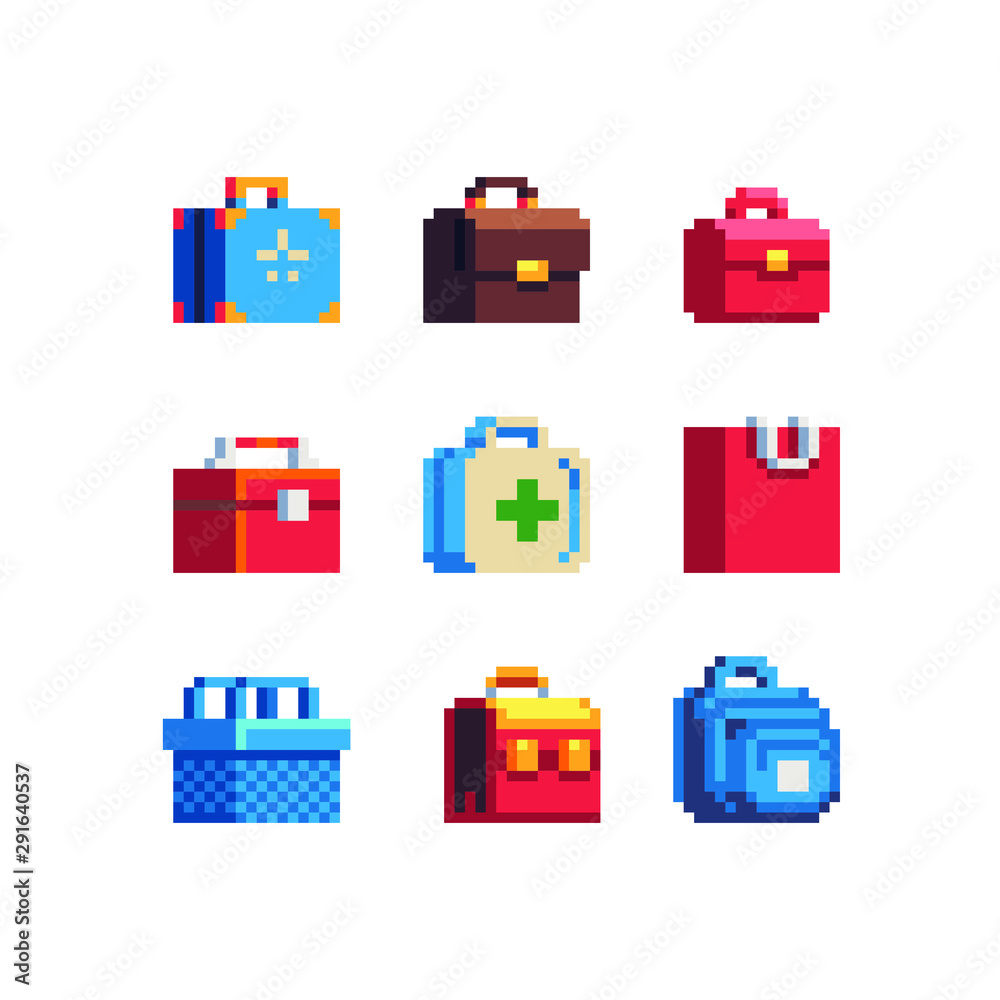 Bags set, backpack, first aid kit, retro suitcase, basket pixel art ...