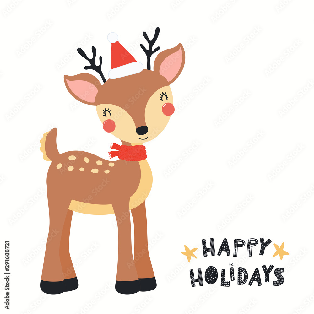 Hand drawn Christmas card with cute reindeer in Santa hat, with quote ...