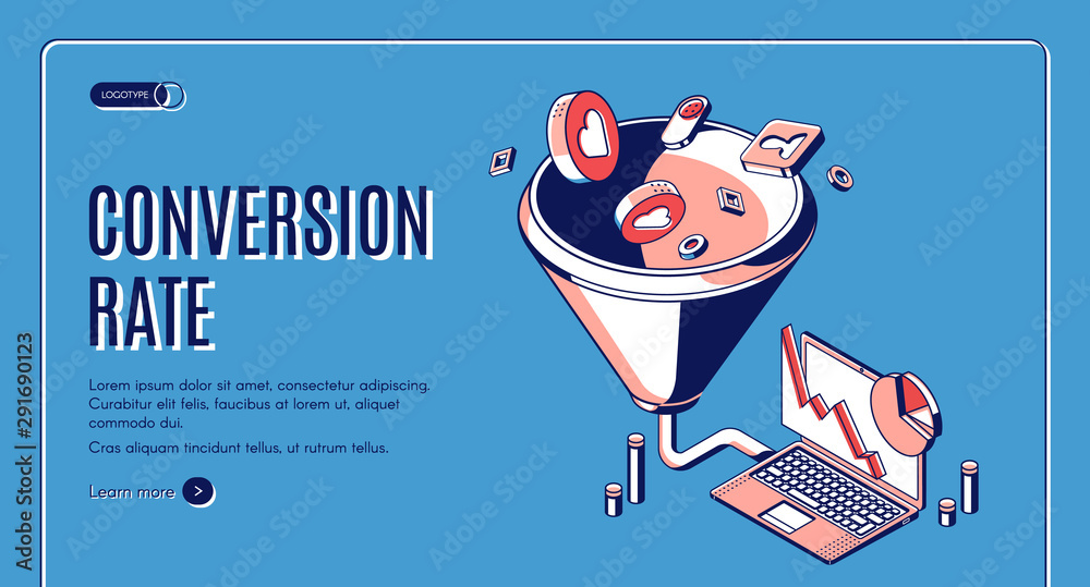 Conversion rate isometric web banner. Funnel sales channel, inbound ...