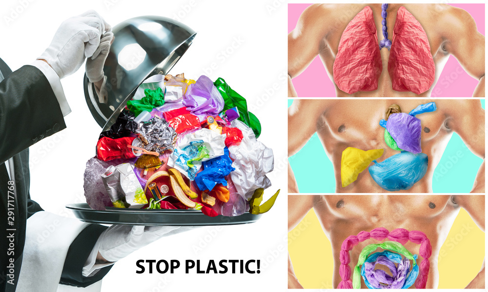 Stop plastic - concept of environmental pollution. Male body with ...
