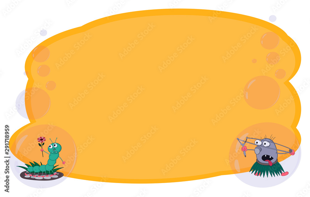 Frame for text and notes with cartoon characters caterpillar and stone ...