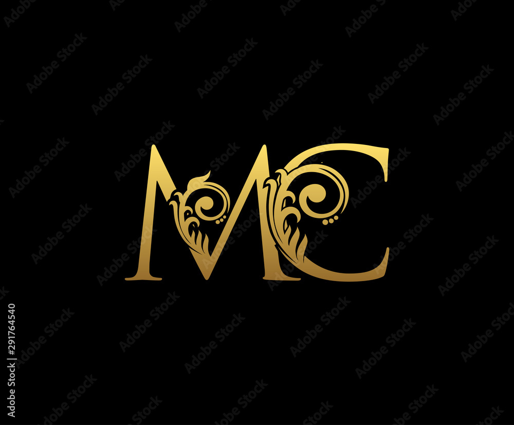 Classy Gold letter M and C, MC, VINTAGE decorative ornament emblem ...