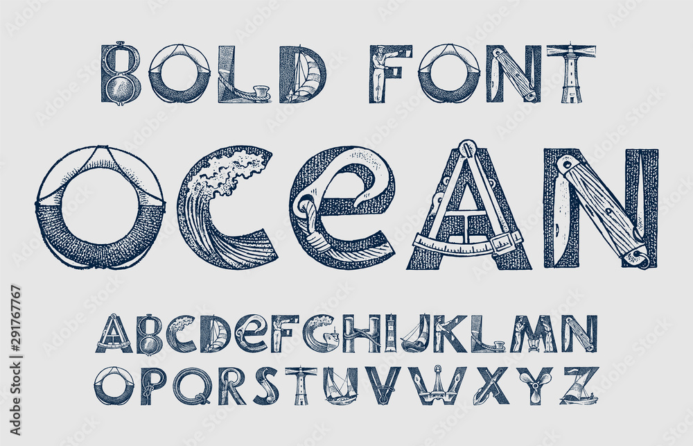 Decorative marine alphabet in ancient style. Waves and the sea in ...