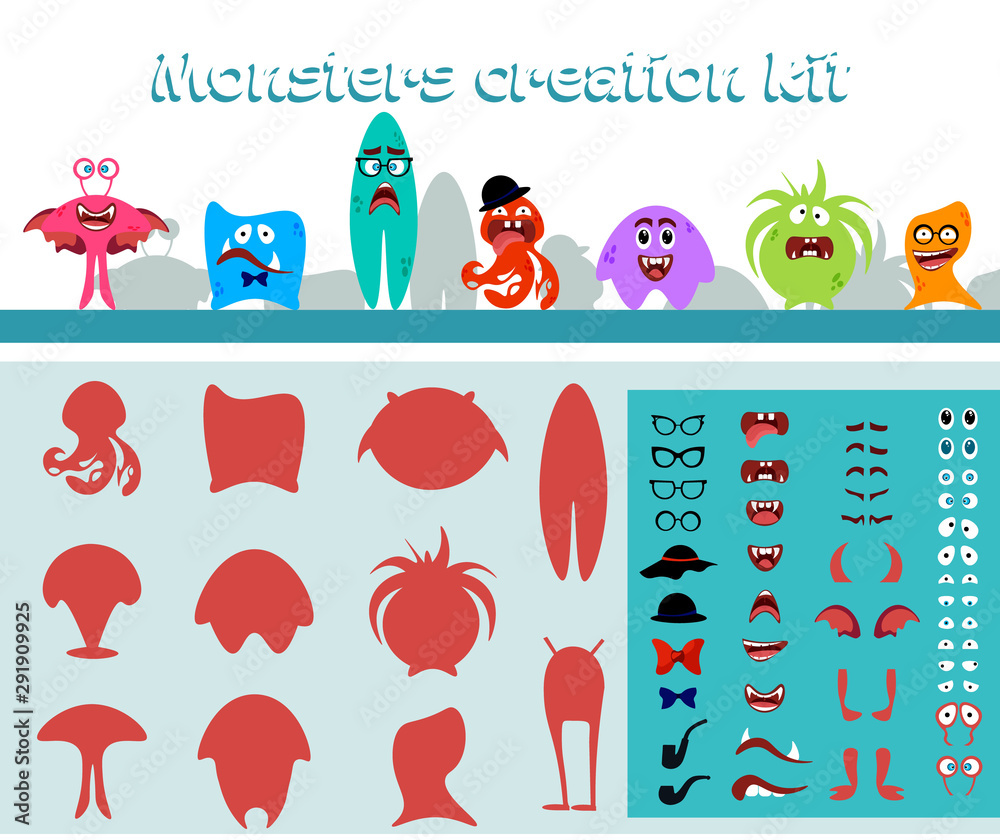 Cute cartoon monster creation kit in flat style, Monsters body parts ...