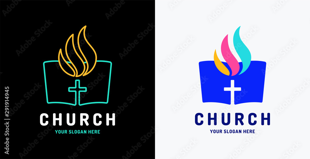 Church vector logo. The open bible and Holy Spirit fire flame Stock ...