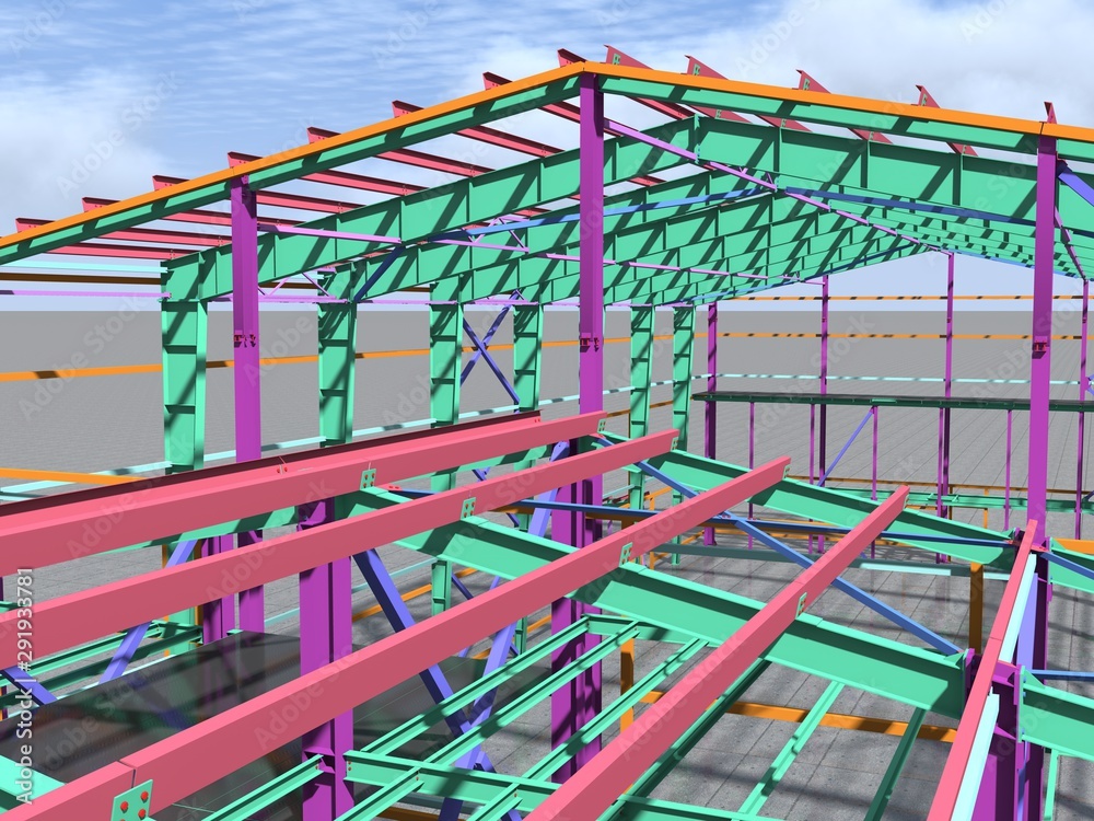 BIM building model of columns, beams, ties, girders. The metal ...