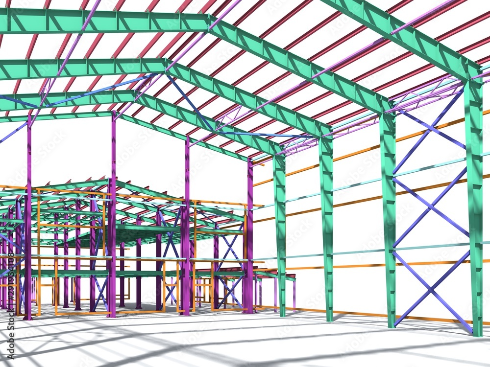 BIM building model of columns, beams, ties, girders. The metal ...
