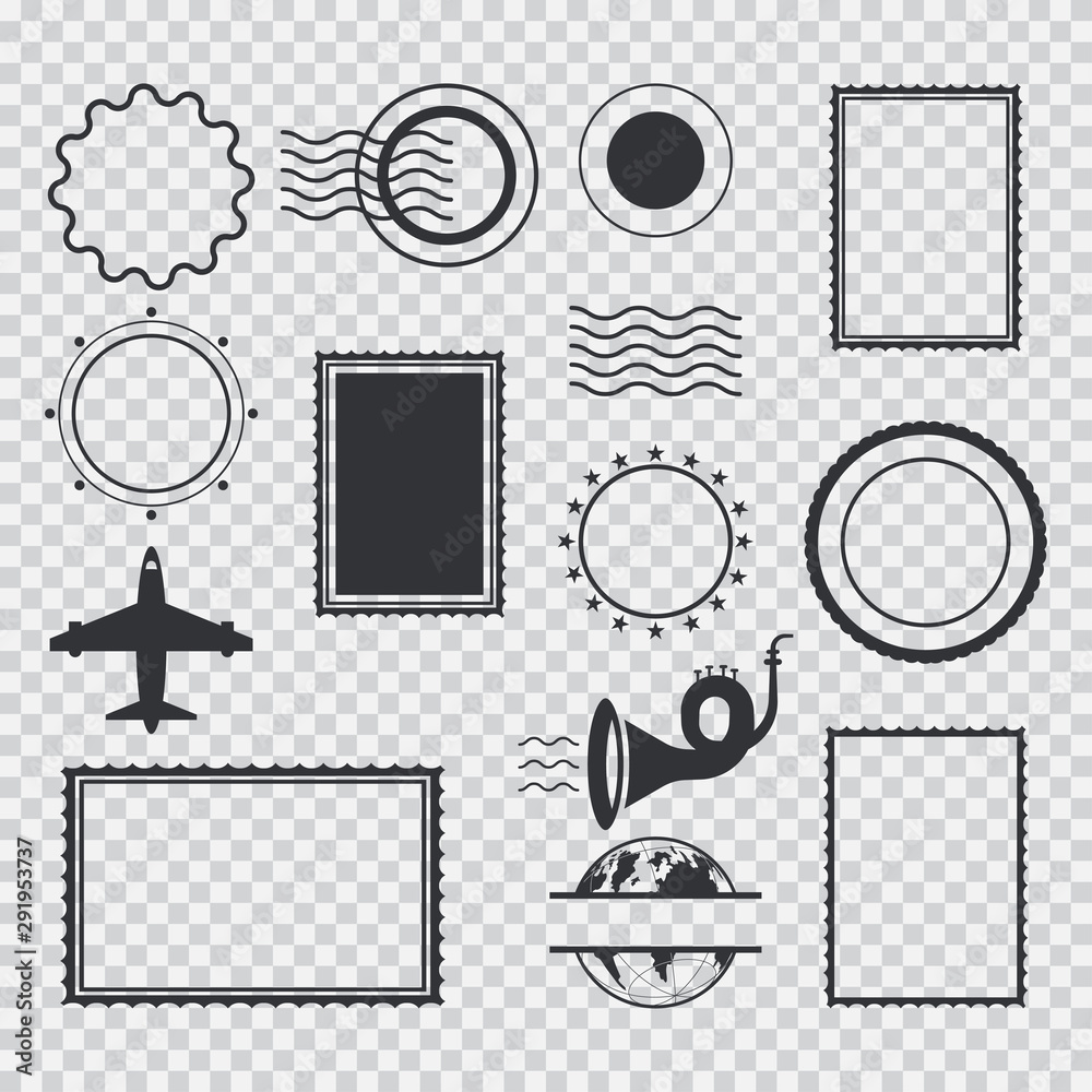 Post stamps border, frame vector template set isolated on a transparent ...