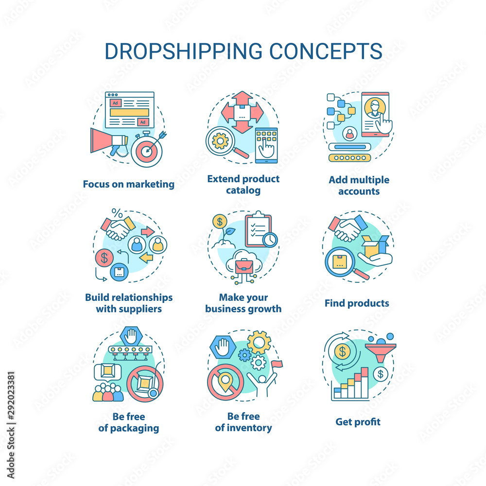 Dropshipping concept icons set. Online business idea thin line ...