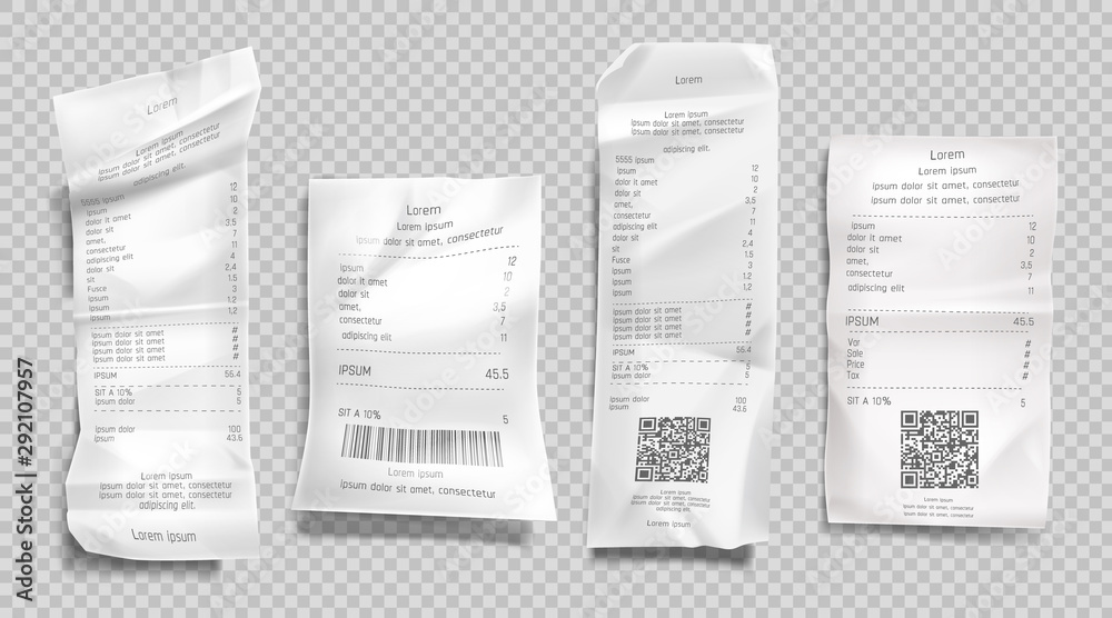 Receipt invoice, paper bills with qr code and barcode for scan set ...