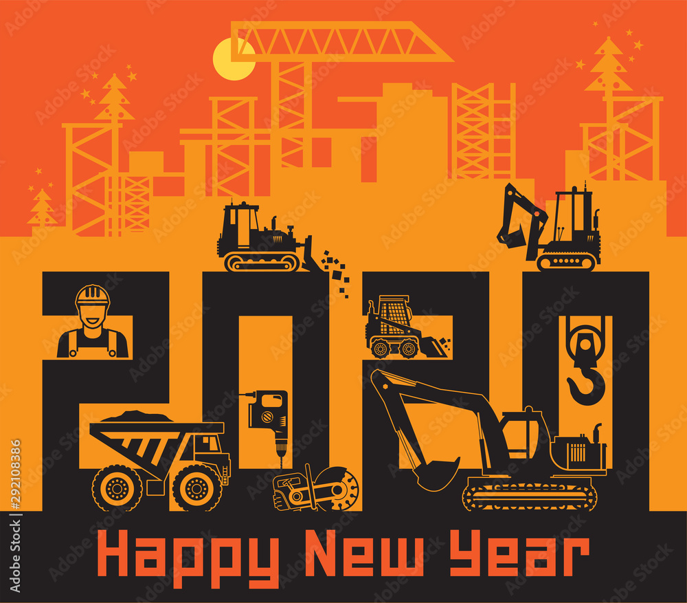 Construction machinery, Happy New Year card Stock Vector | Adobe Stock