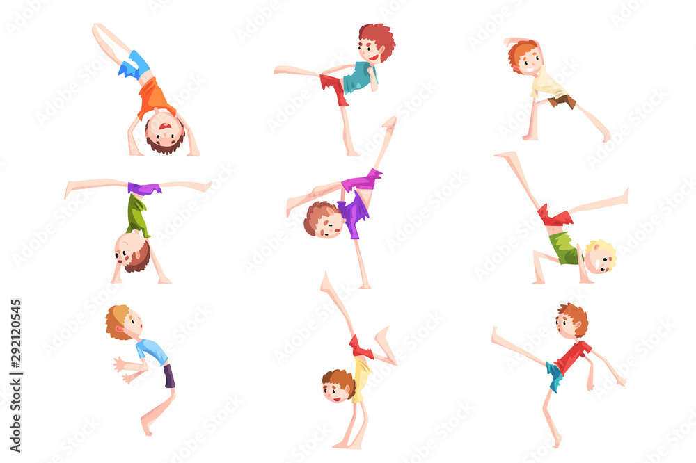 Boy practicing capoeira movements set, kid characters doing combat ...