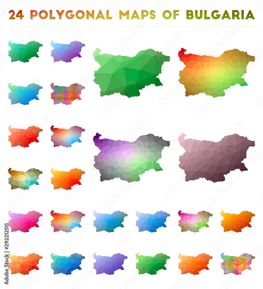 Set of vector polygonal maps of Bulgaria. Bright gradient map of the ...