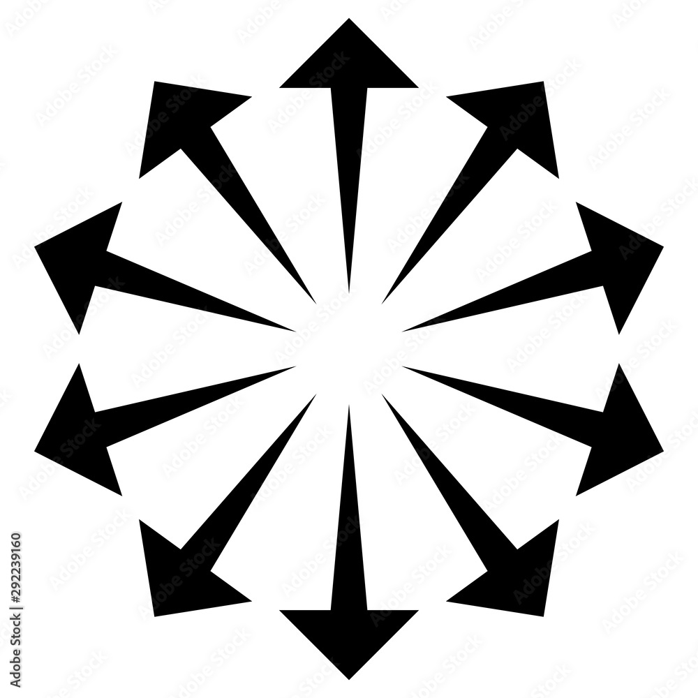 Radial, radiating arrows for expand, extend, explosion themes. Diverge, alignment concept ...