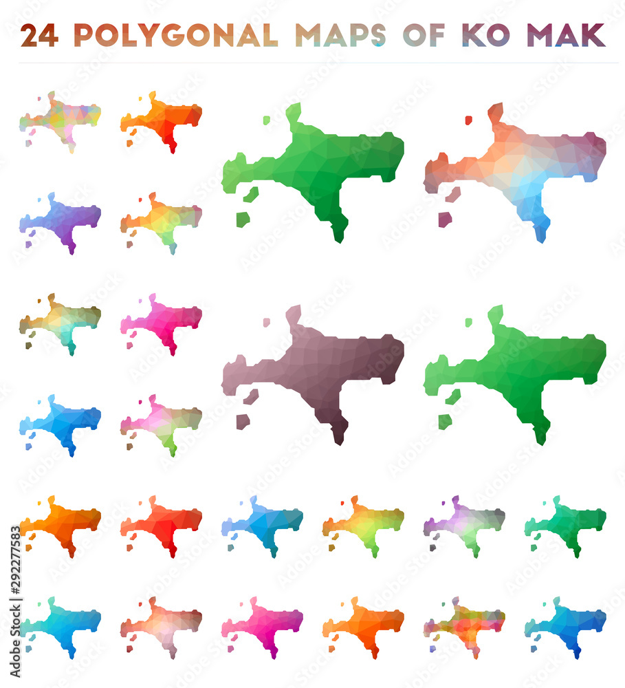 Set of vector polygonal maps of Ko Mak. Bright gradient map of island in low poly style ...