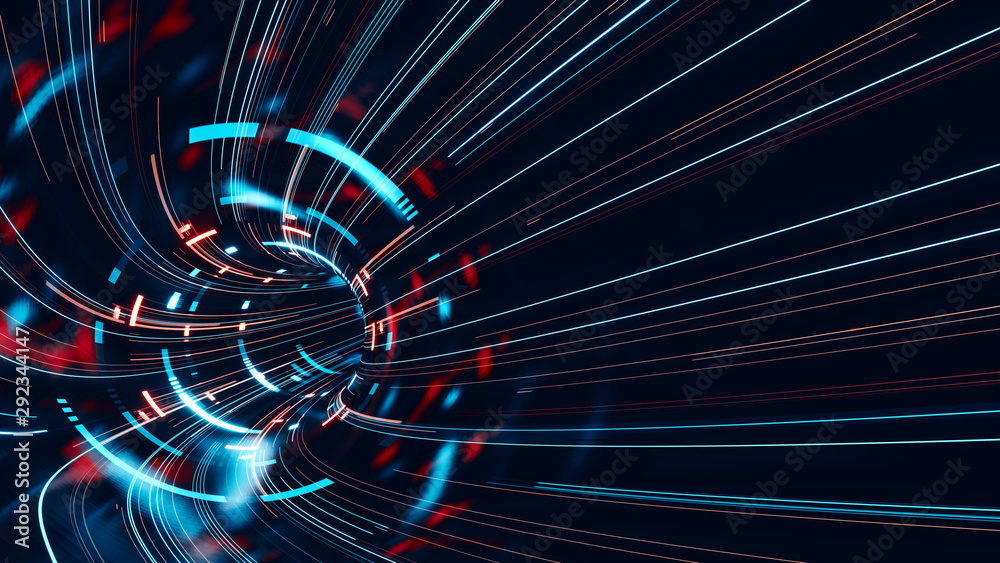 3D Rendering of abstract fast moving stripe lines with glowing tech led light flare. High speed ...