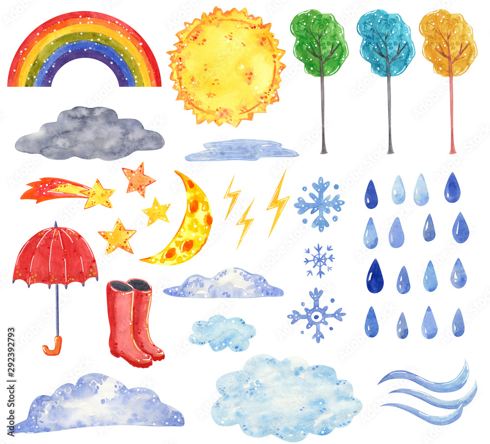 Weather forecast clipart set, sun, clouds, rain, hand drawn watercolor ...