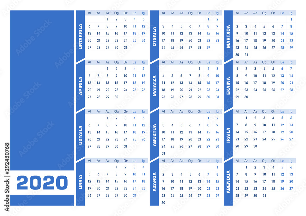 Blue 2020 Basque calendar. Printable landscape version Stock Vector ...