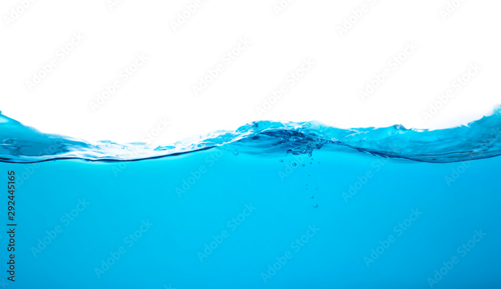 Blue water splash wave surface with bubbles of air on white background ...