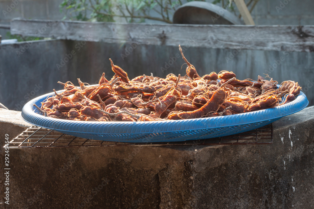 Peeled tamarind in a blue plastic basket expose to sunlight In order to ...