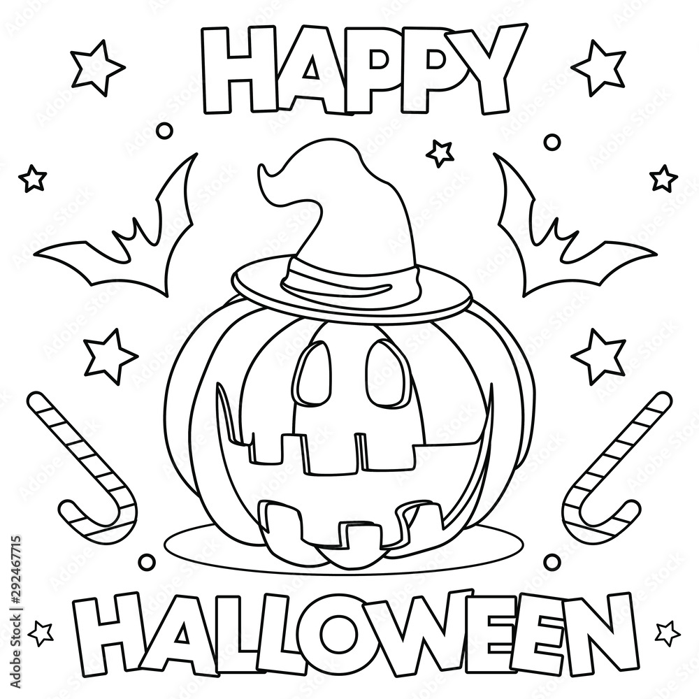 Coloring page. Black and white vector illustration with happy pumpkin ...