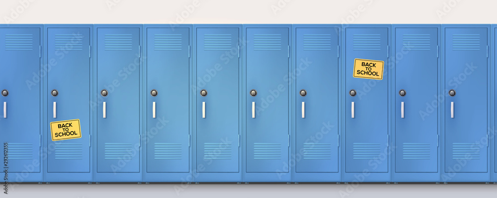 Welcome back to school. Yellow stickers on blue cupboards with ...