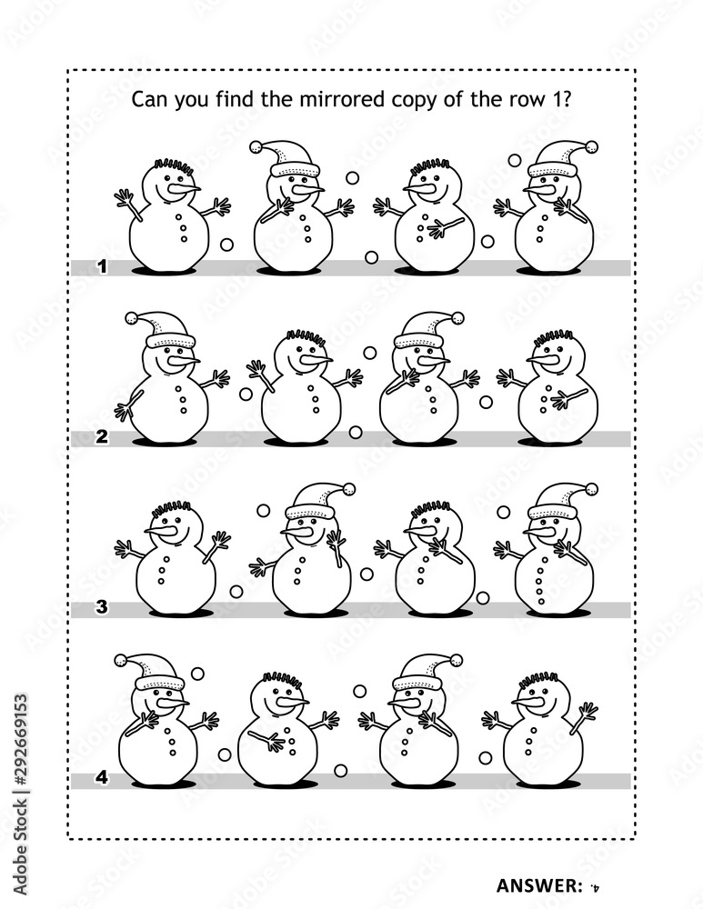 Winter holidays visual puzzle or picture riddle with snowmen: Can you ...