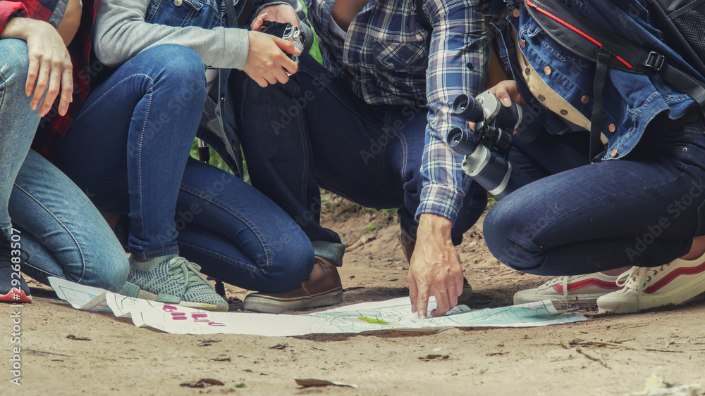 Hiking trail in the forest with friends. Walk Through Countryside and ...