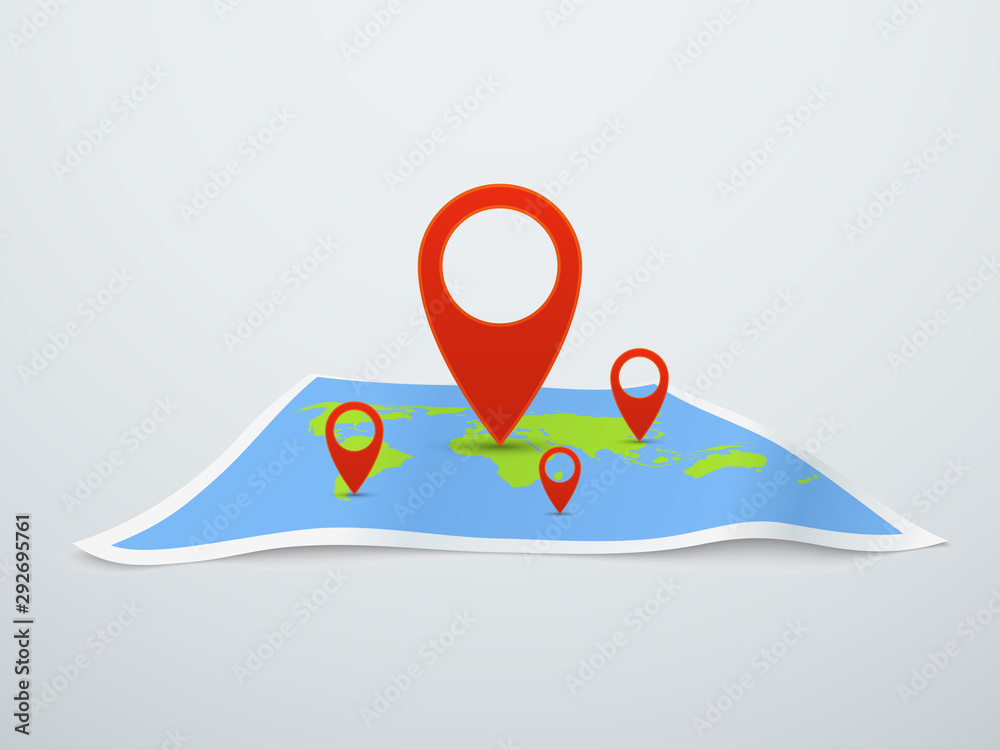 World map with pin. Earth map with location pointers in perspective. Travel 3d vector concept ...