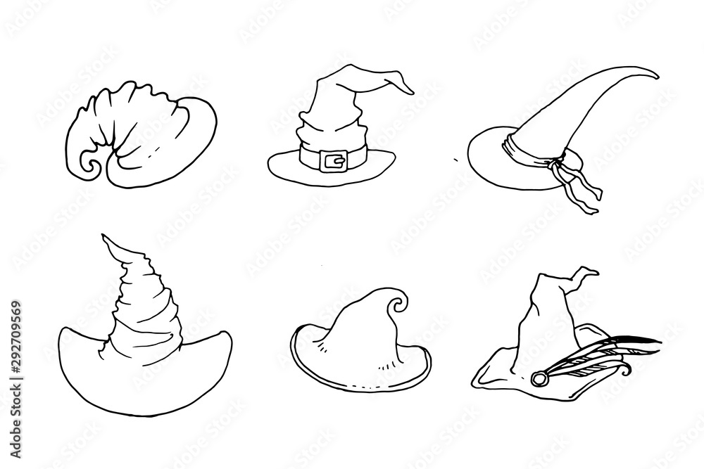 Witch hats set isolated on white background. Doodle style line vector ...
