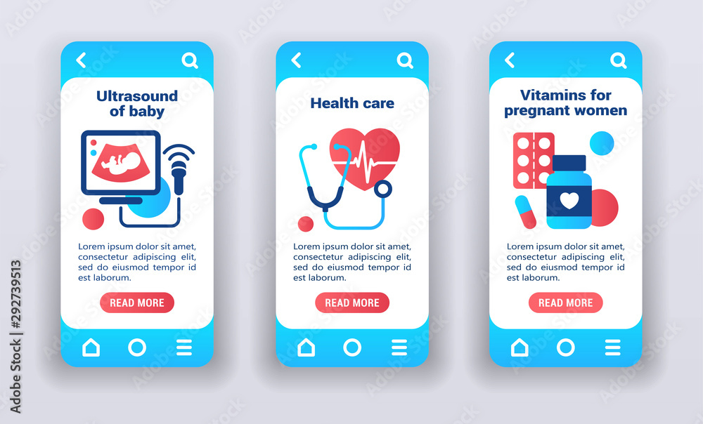 Maternal and child health on mobile app onboarding screens. Banners for ...