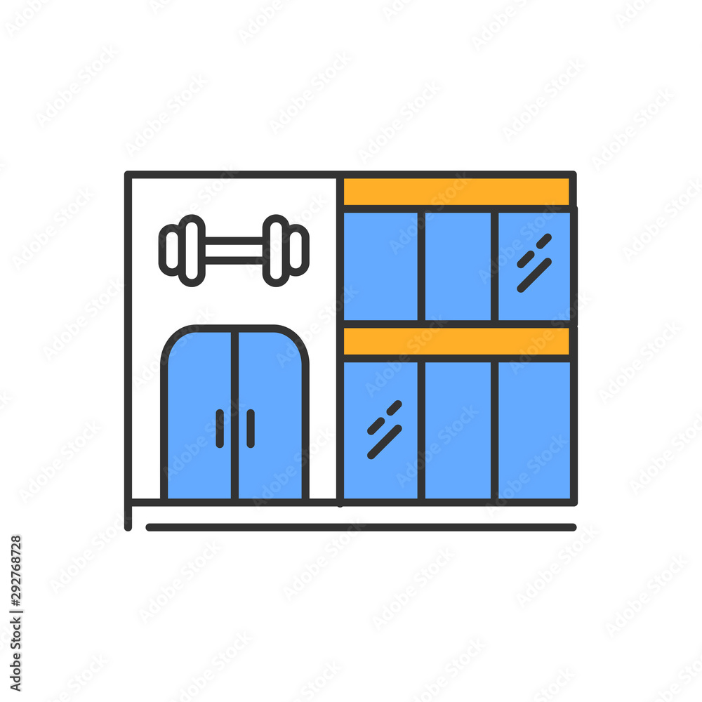 Gym building color icon. Two-storey construction with double door and ...
