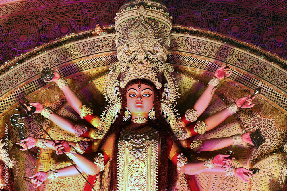 ภาพถ่าย Stock Goddess Durga idol at decorated Durga Puja pandal, shot ...