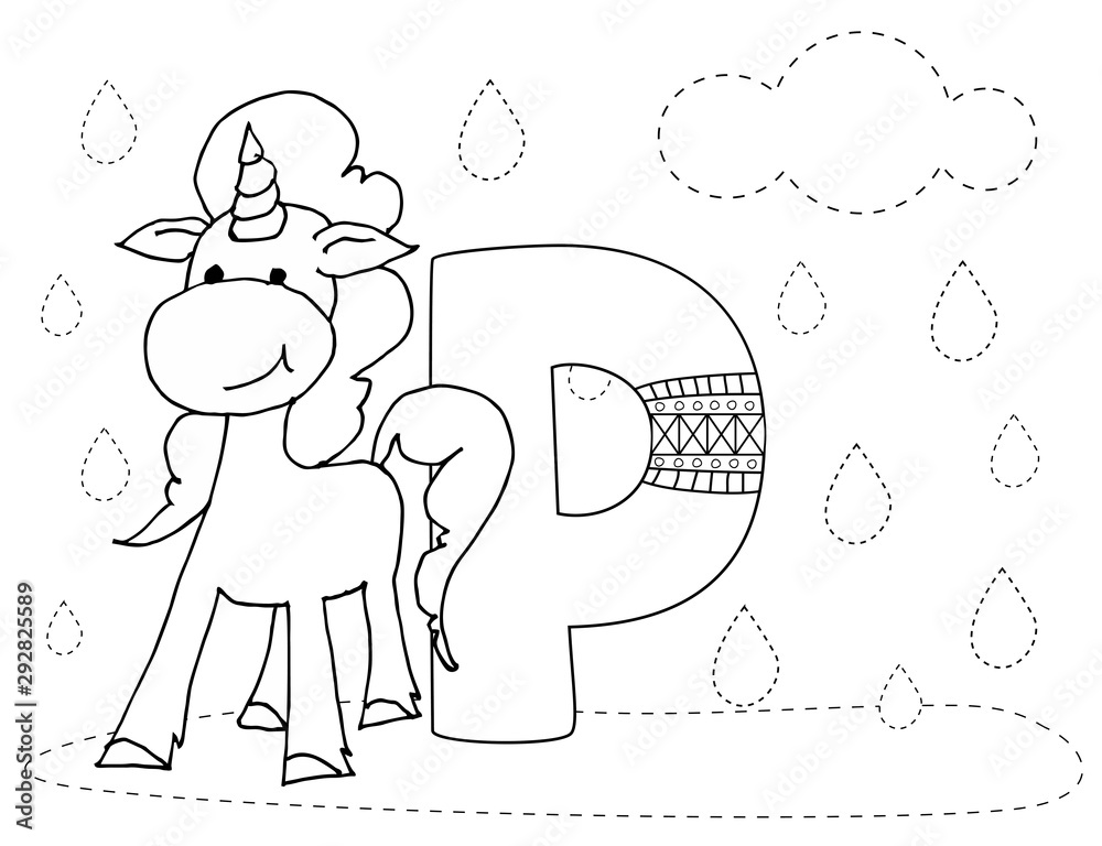 The letters of the alphabet with cute unicorns and ponies. On a white ...