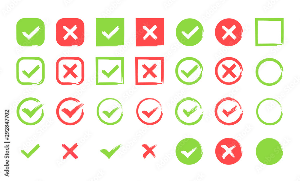 Hand drawn Green check mark and red cross icon set. Circle and square. Tick symbol in green ...