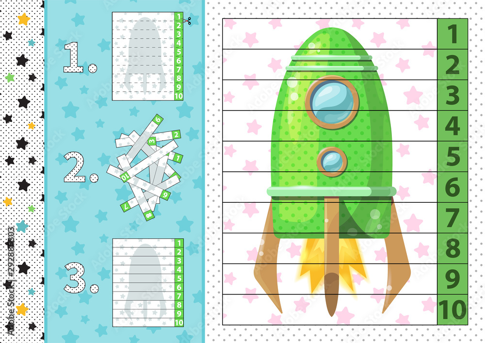 Counting number puzzle with cartoon rocket. From 1 to 10. Cut and ...