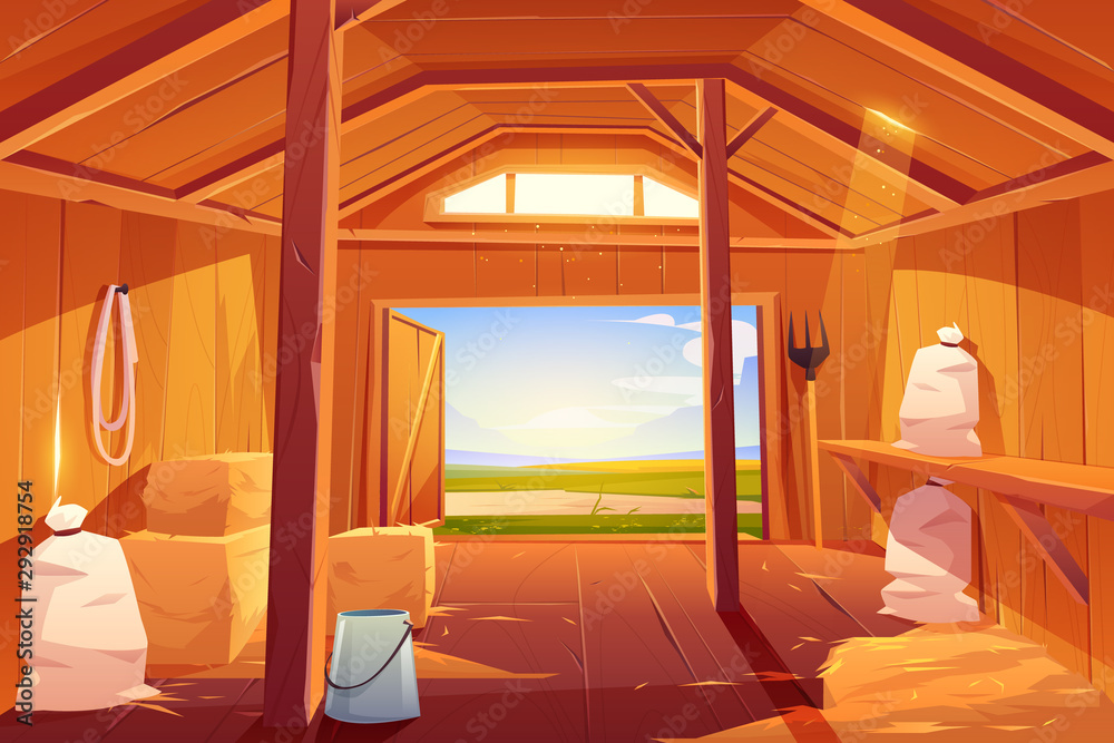 Farm barn house inside. Empty wooden ranch interior with haystacks ...
