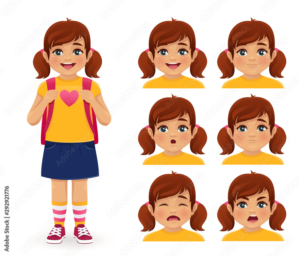 School girl with backpack emotions set isolated vector illustration ...